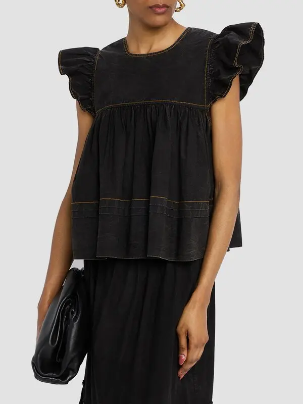 GANNI Denim Flutter-sleeve Babydoll Top