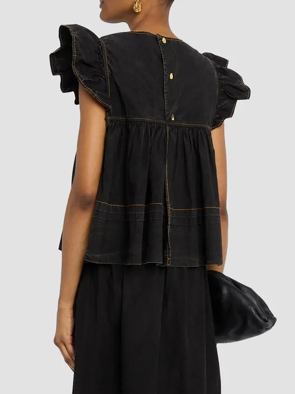 GANNI Denim Flutter-sleeve Babydoll Top
