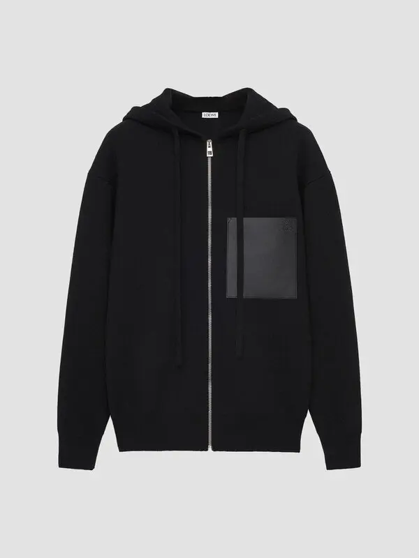 Loewe Leather Patch Pocket & Wool Zip-front Hoodie - Black