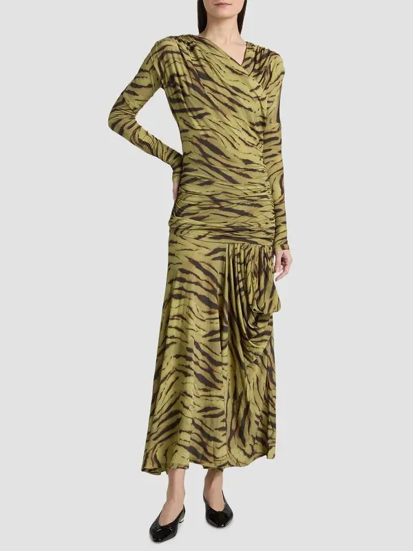 GANNI Zebra-print Ruched Dress - Khaki