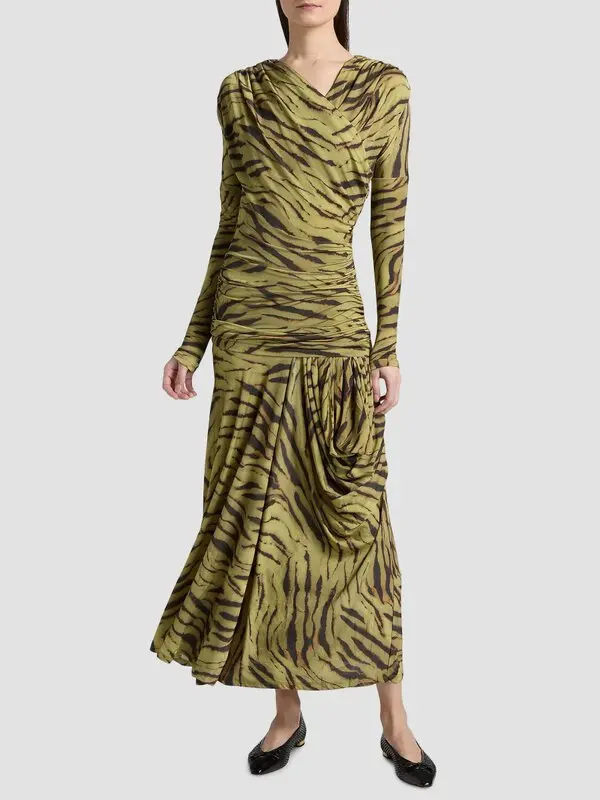 GANNI Zebra-print Ruched Dress - Khaki