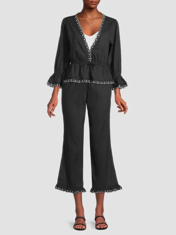 Ciao Lucia Kaja Cotton Voile Embroidered-hem Crop Pants