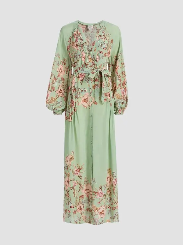 Hemant & Nandita Floral Pintuck Maxi Shirtdress - Green