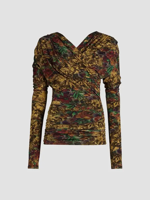 GANNI Ruched Floral Long-sleeve Top - Custard