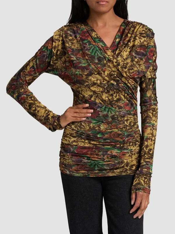 GANNI Ruched Floral Long-sleeve Top - Custard