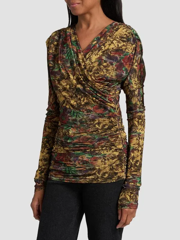 GANNI Ruched Floral Long-sleeve Top - Custard