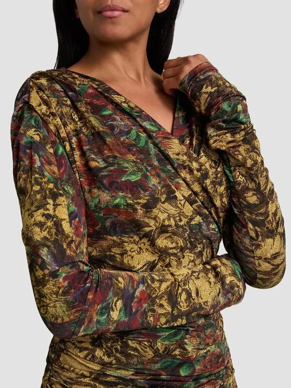 GANNI Ruched Floral Long-sleeve Top - Custard