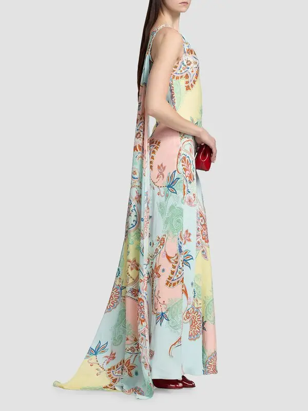 Hemant & Nandita One-shoulder Sash Paisley Maxi Dress