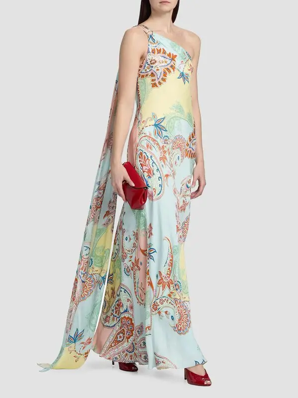 Hemant & Nandita One-shoulder Sash Paisley Maxi Dress