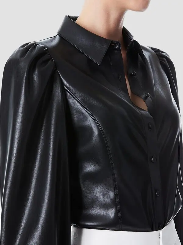 Alice + Olivia Nadine Puff-sleeve Faux Leather Blouse