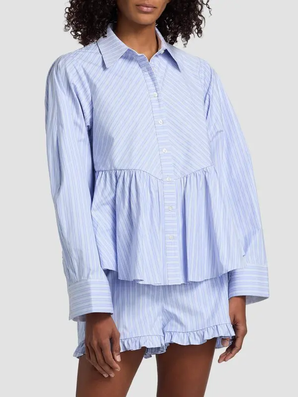 KIKA VARGAS Ambika Striped Cotton-blend Peplum Shirt - Blue