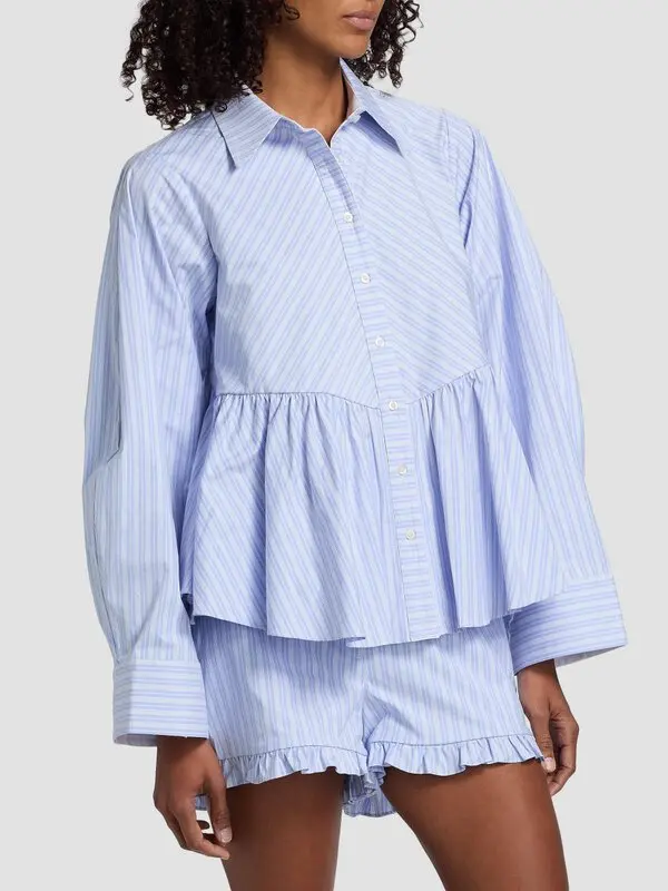KIKA VARGAS Ambika Striped Cotton-blend Peplum Shirt - Blue