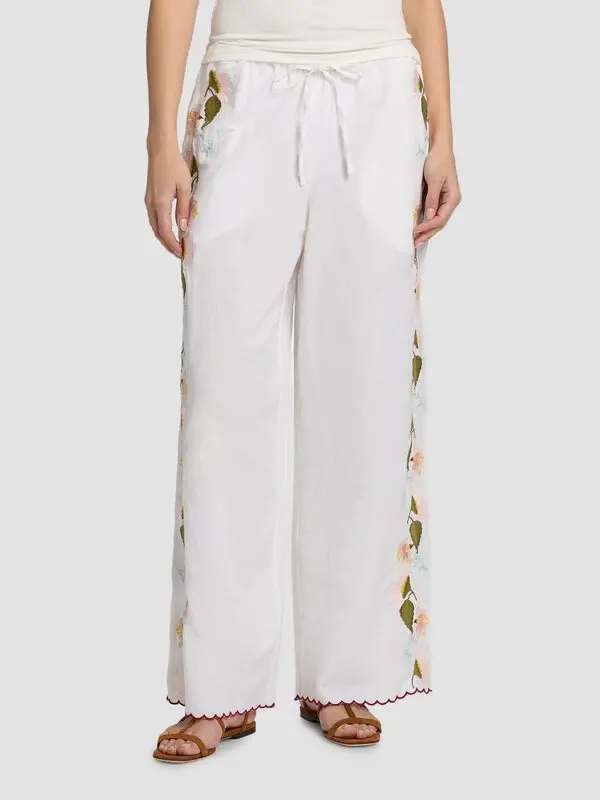 Ciao Lucia Ermmano Embroidered Cotton-linen Drawstring Pants