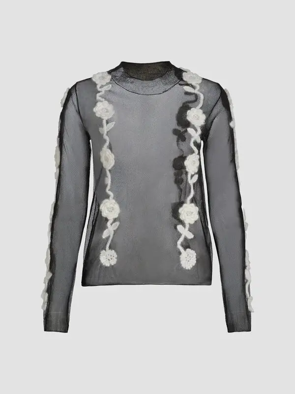 GANNI Crochet Flower Appliqué Mesh Knit Top