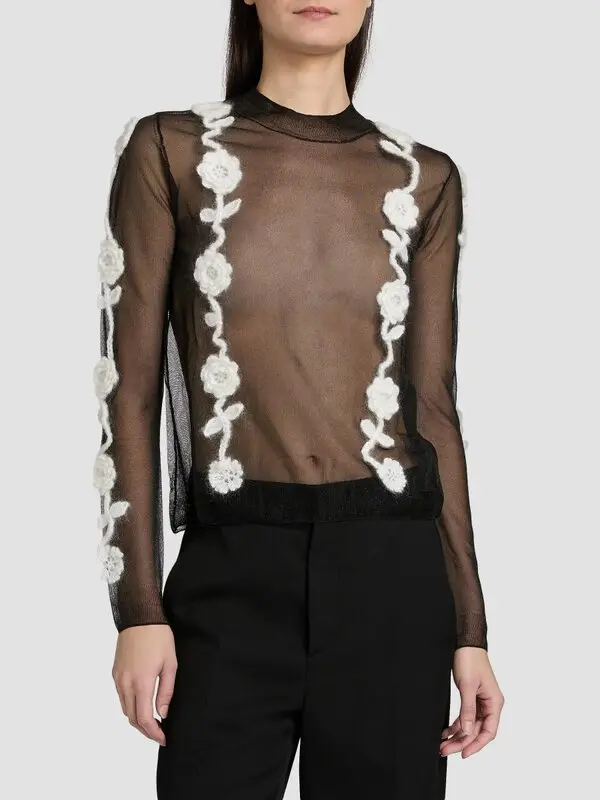 GANNI Crochet Flower Appliqué Mesh Knit Top
