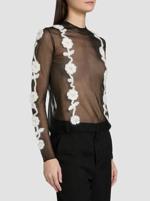 GANNI Crochet Flower Appliqué Mesh Knit Top