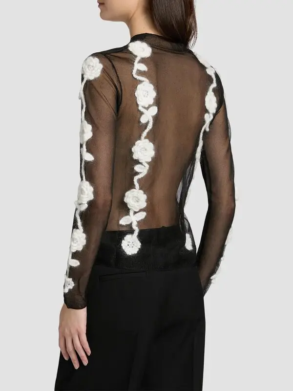 GANNI Crochet Flower Appliqué Mesh Knit Top