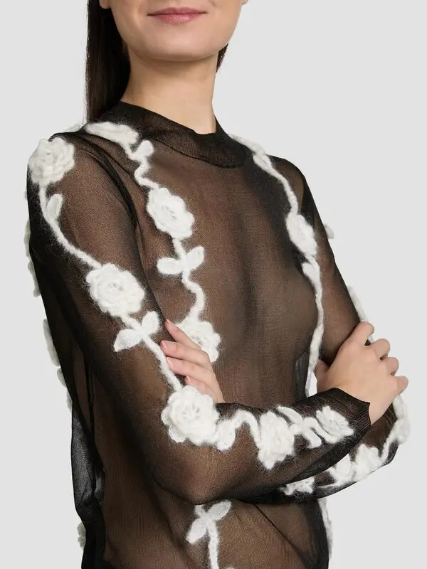 GANNI Crochet Flower Appliqué Mesh Knit Top