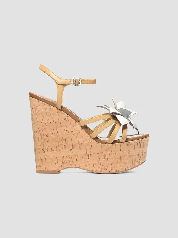 Michael Kors Jacie 130mm Leather Platform Wedge Sandals - Peanut