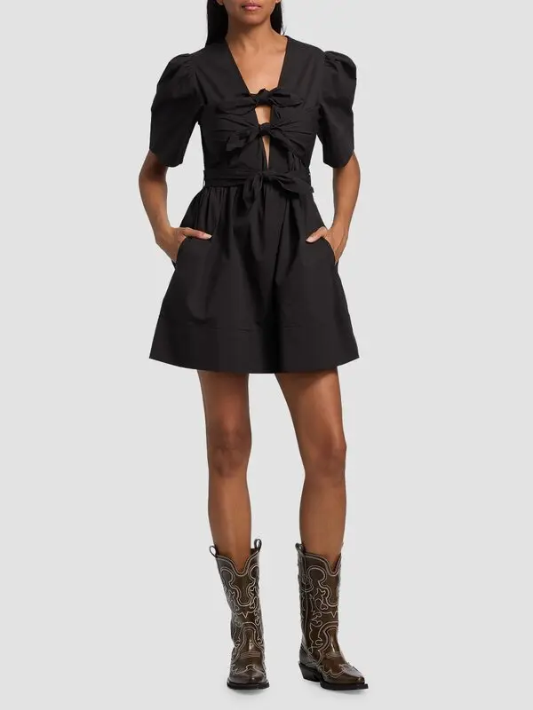 GANNI Tie-waist Stretch-cotton A-line Minidress