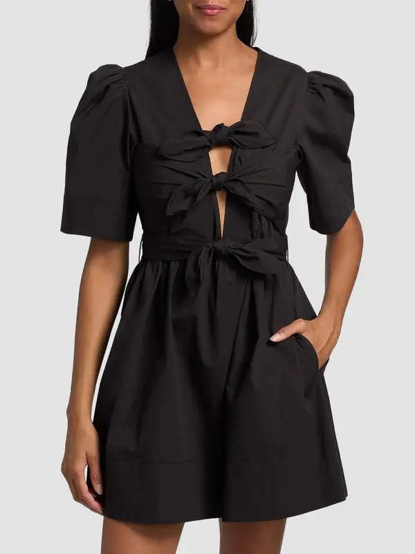 GANNI Tie-waist Stretch-cotton A-line Minidress