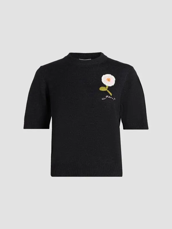 GANNI Floral Crochet Wool-cotton T-shirt - Phantom