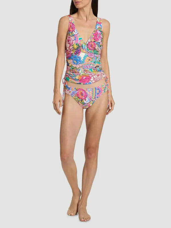 Johnny Was Print Drawstring Ruched Tankini Top