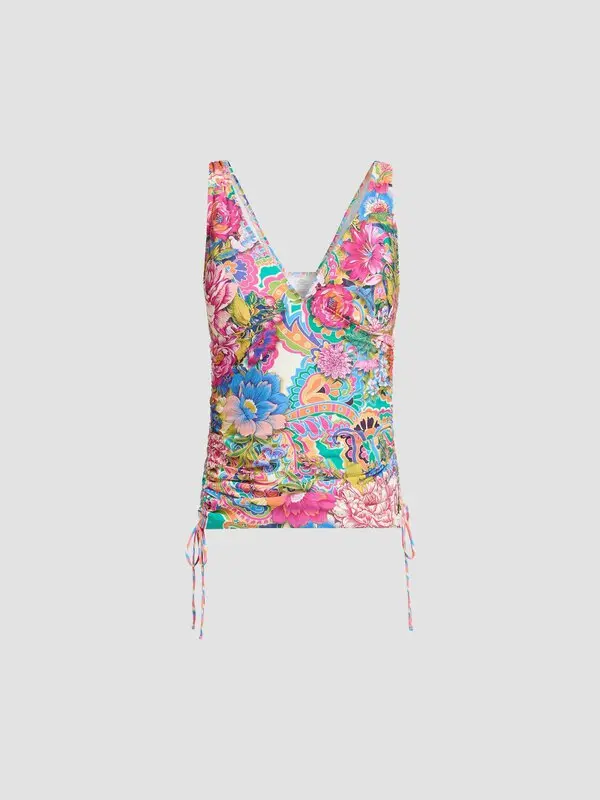 Johnny Was Print Drawstring Ruched Tankini Top - Crispire