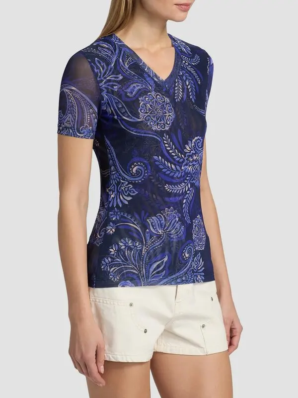 Johnny Was Floral Mesh V-neck T-shirt