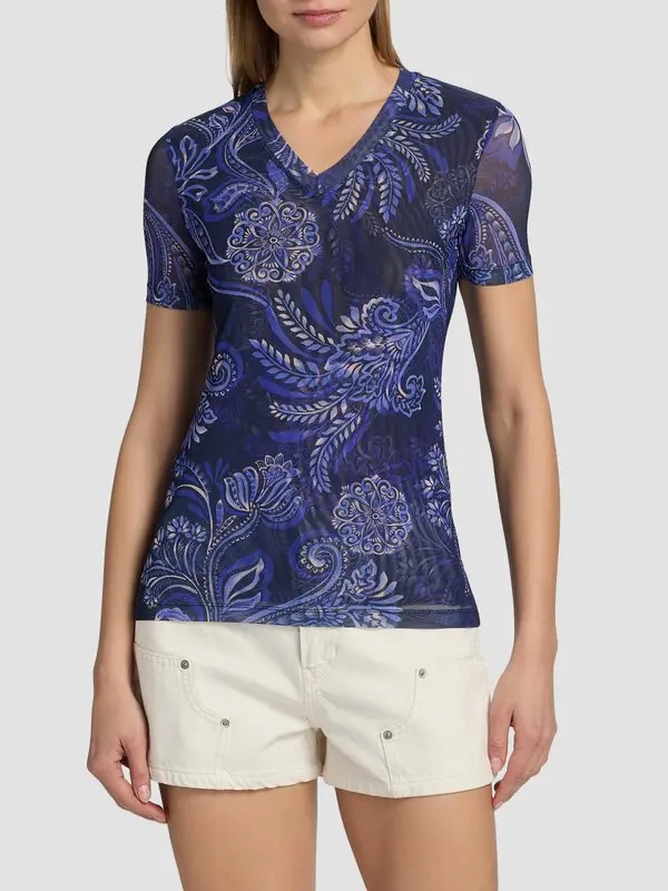 Johnny Was Floral Mesh V-neck T-shirt