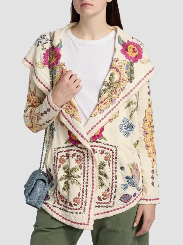 Johnny Was Biya Hooded Embroidered Cotton Cardigan