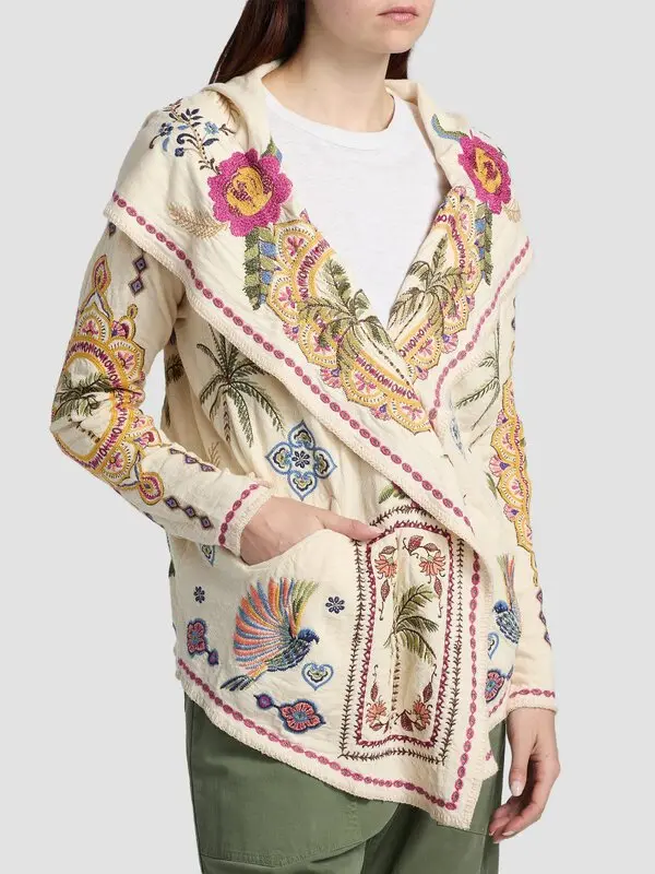 Johnny Was Biya Hooded Embroidered Cotton Cardigan