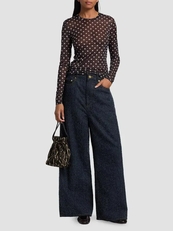 GANNI Sheer Polka Dot Jersey Long-sleeve Top
