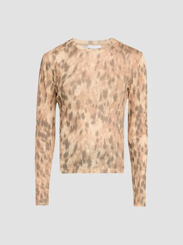 GANNI Abstract-print Marl Mesh Long-sleeve Top - Burro