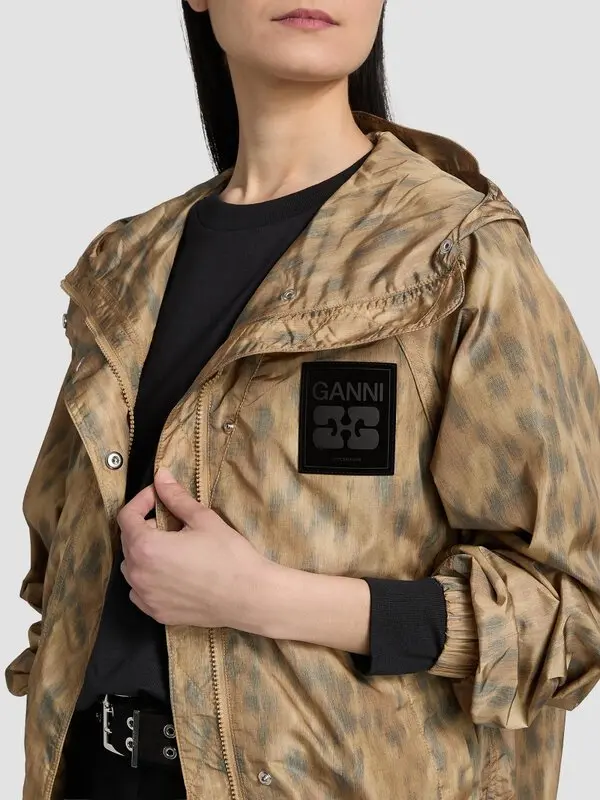 GANNI Leopard-print Flyweight Hooded Zip-up Jacket - Burro