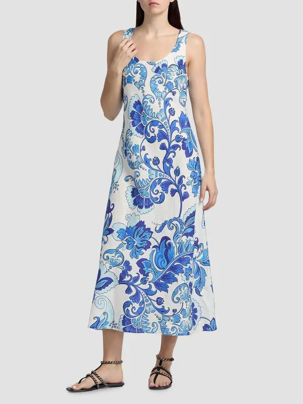 Johnny Was Botanical Linen Bias-cut Midi-dress