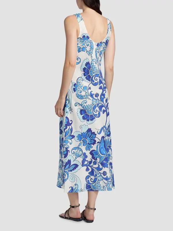 Johnny Was Botanical Linen Bias-cut Midi-dress