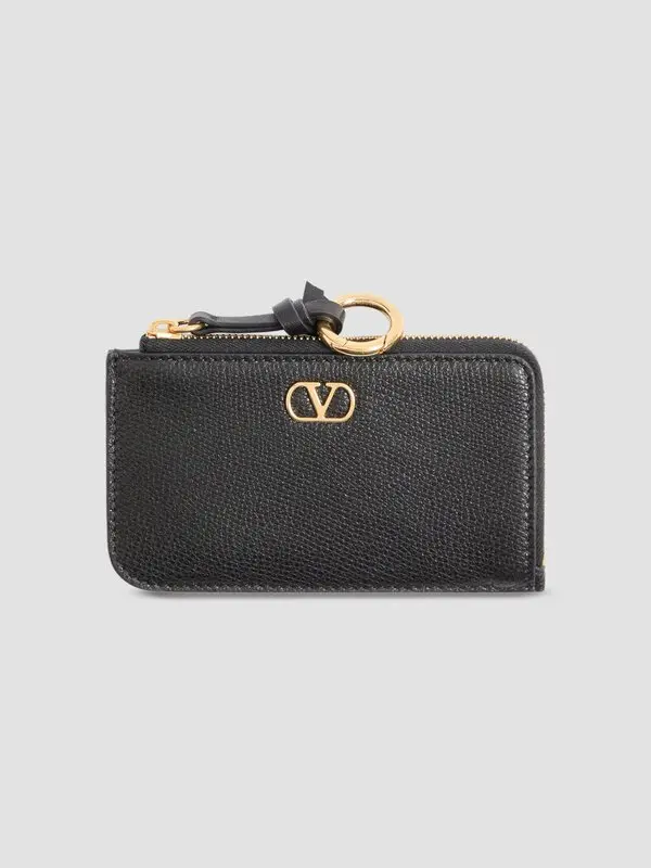 Valentino Garavani Zip-around Charm Card Holder In Grainy Calfskin - Black