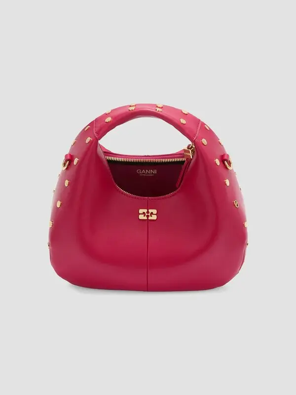 GANNI Mini Studded Leather Hobo Bag - Dark Red
