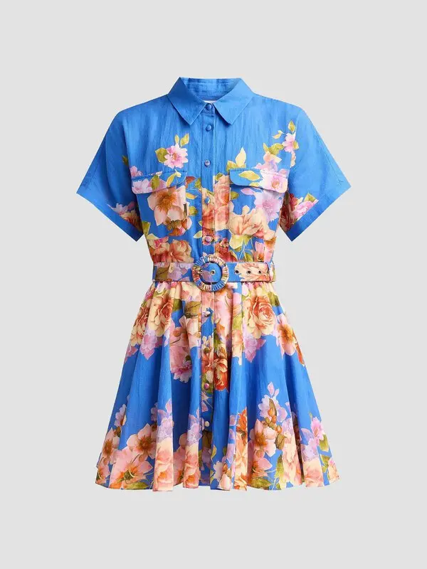 Hemant & Nandita Floral Linen-cotton Belted Mini Shirtdress - Blue