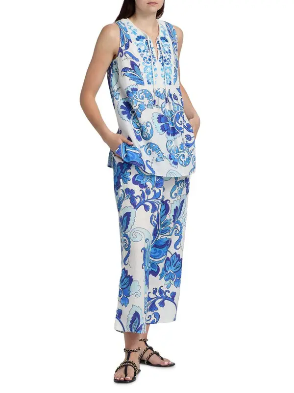 Johnny Was Botanical Linen Crop Wide-leg Pants