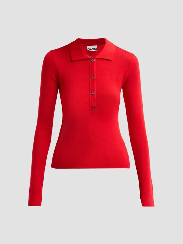 GANNI Mini Merino Rib-knit Long-sleeve Polo Top - Goji Berry