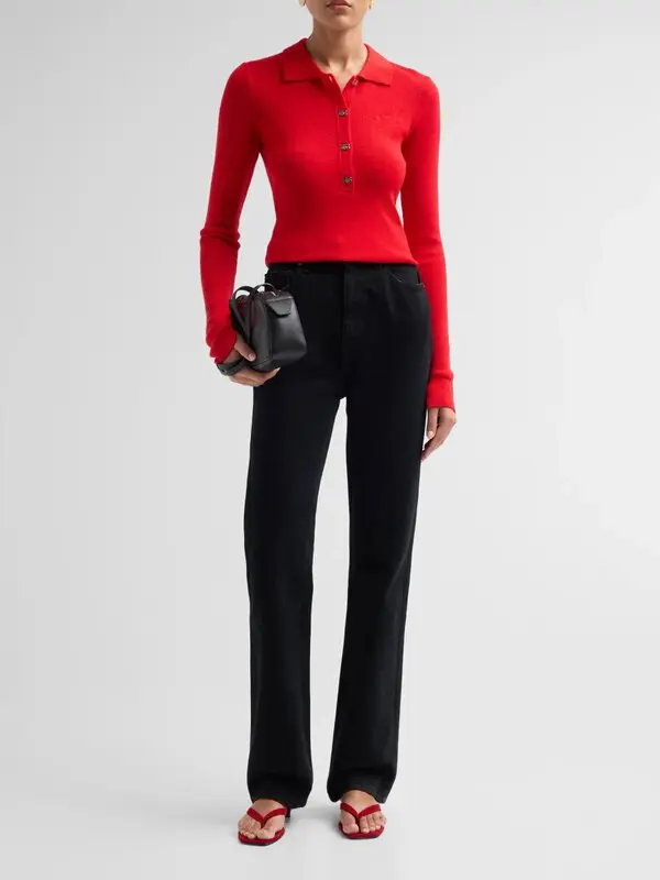 GANNI Mini Merino Rib-knit Long-sleeve Polo Top