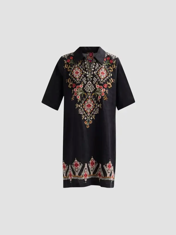 Johnny Was Tamira Linen Relaxed Henley Tunic Dress - Black