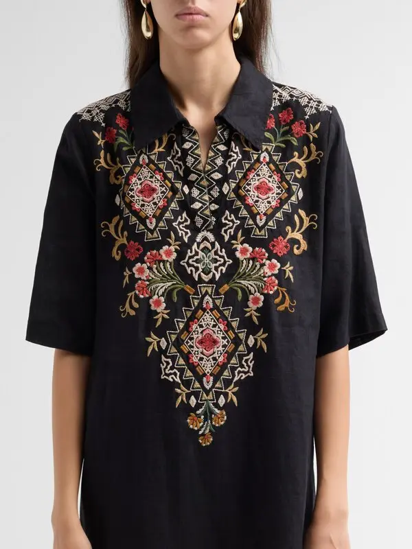 Johnny Was Tamira Linen Relaxed Henley Tunic Dress - Black