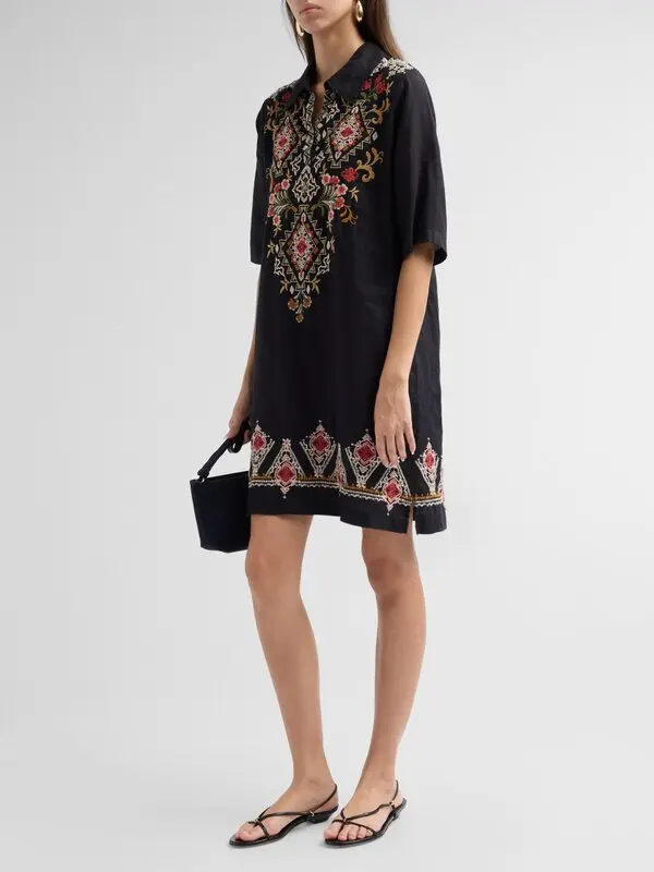 Johnny Was Tamira Linen Relaxed Henley Tunic Dress - Black