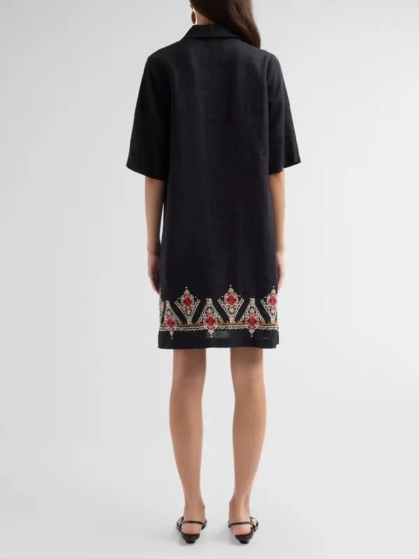 Johnny Was Tamira Linen Relaxed Henley Tunic Dress - Black