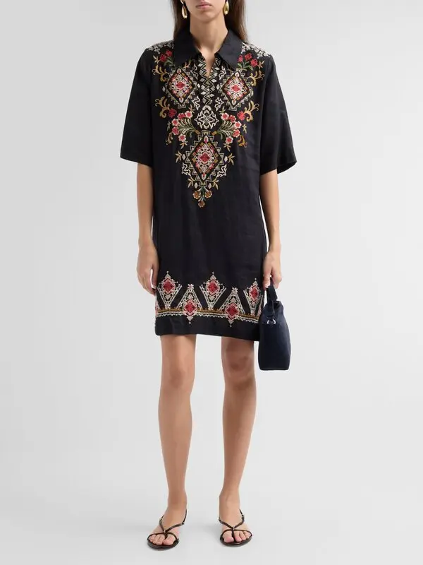 Johnny Was Tamira Linen Relaxed Henley Tunic Dress - Black