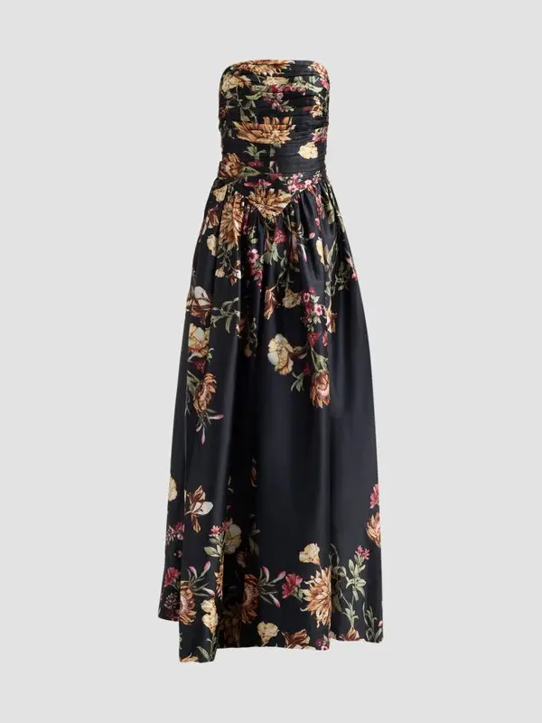 Hemant & Nandita Floral Ruched Strapless Maxi Dress