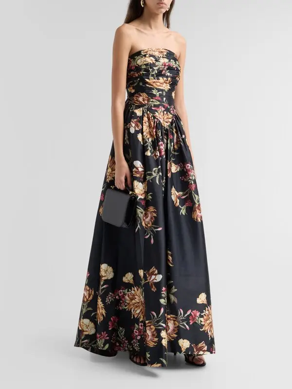 Hemant & Nandita Floral Ruched Strapless Maxi Dress